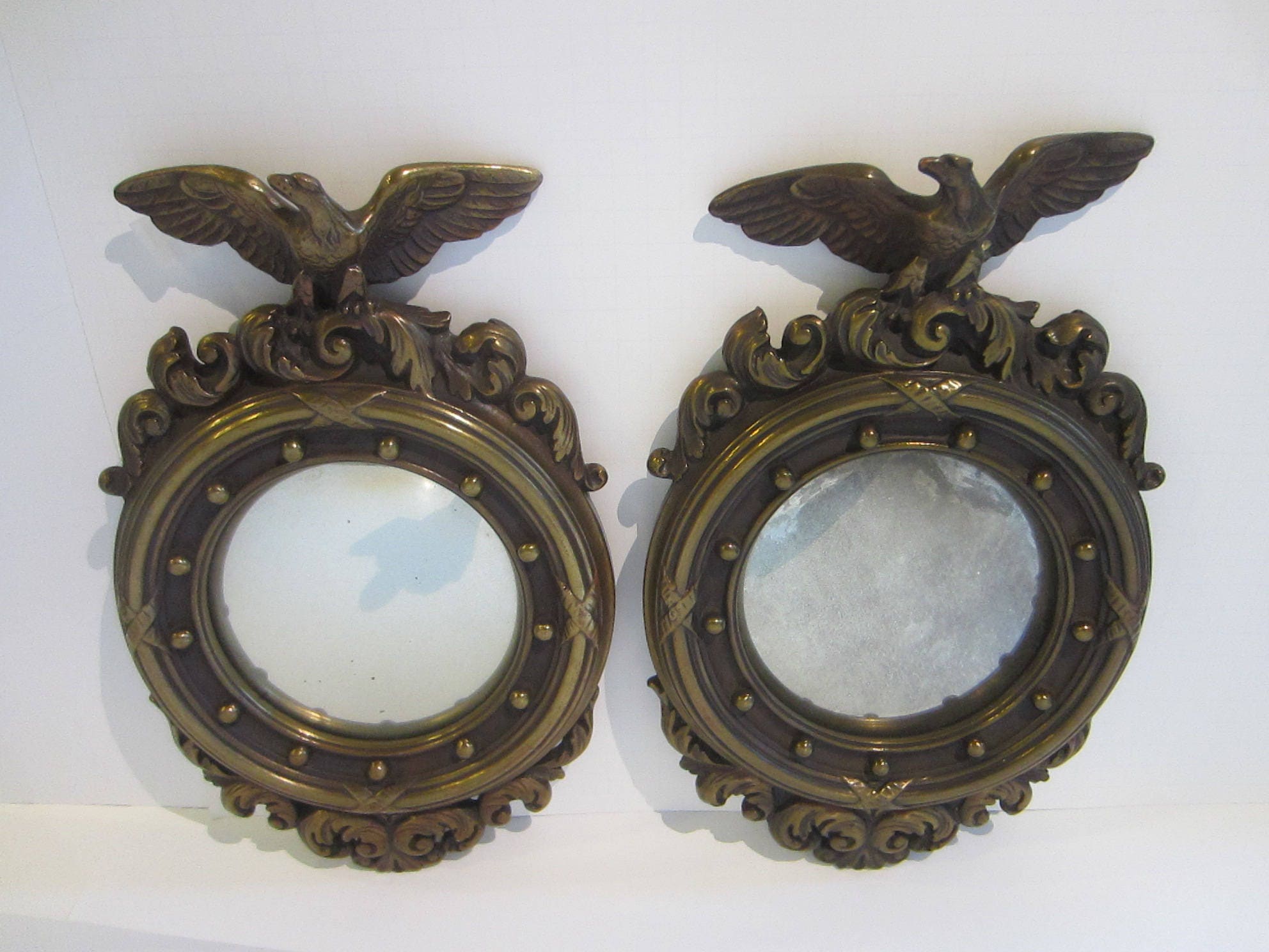 Pair of Colonial Antiqued Eagle Crest Mid Century Convex Mirrors - Etsy