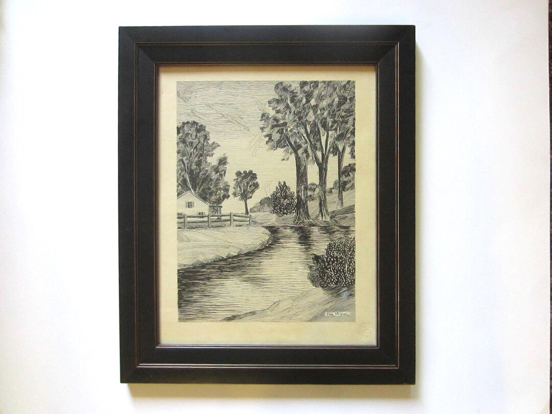 Vida Primm Charcoal Drawing Stamped Mid Century Signed Black and White ...