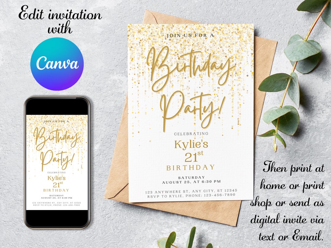 Gold Glitter Party Invitation, Instant Access, Editable With Canva - Etsy