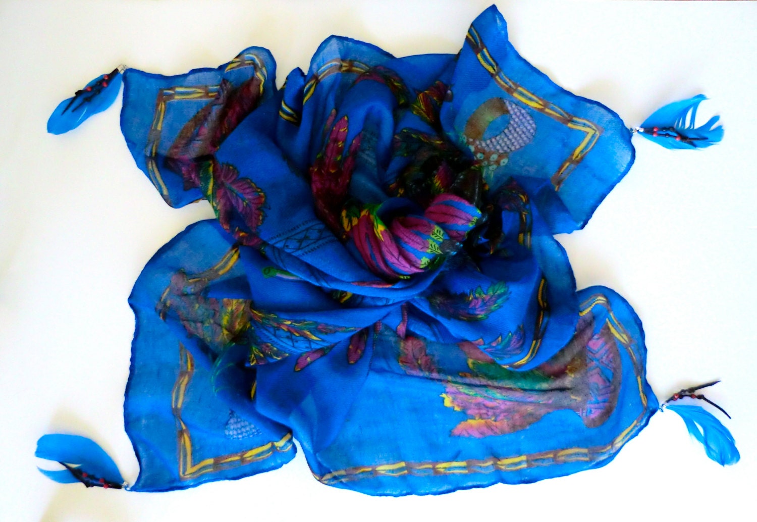 Scarf With Feather and Beads Blue Square Scarf and Leather | Etsy