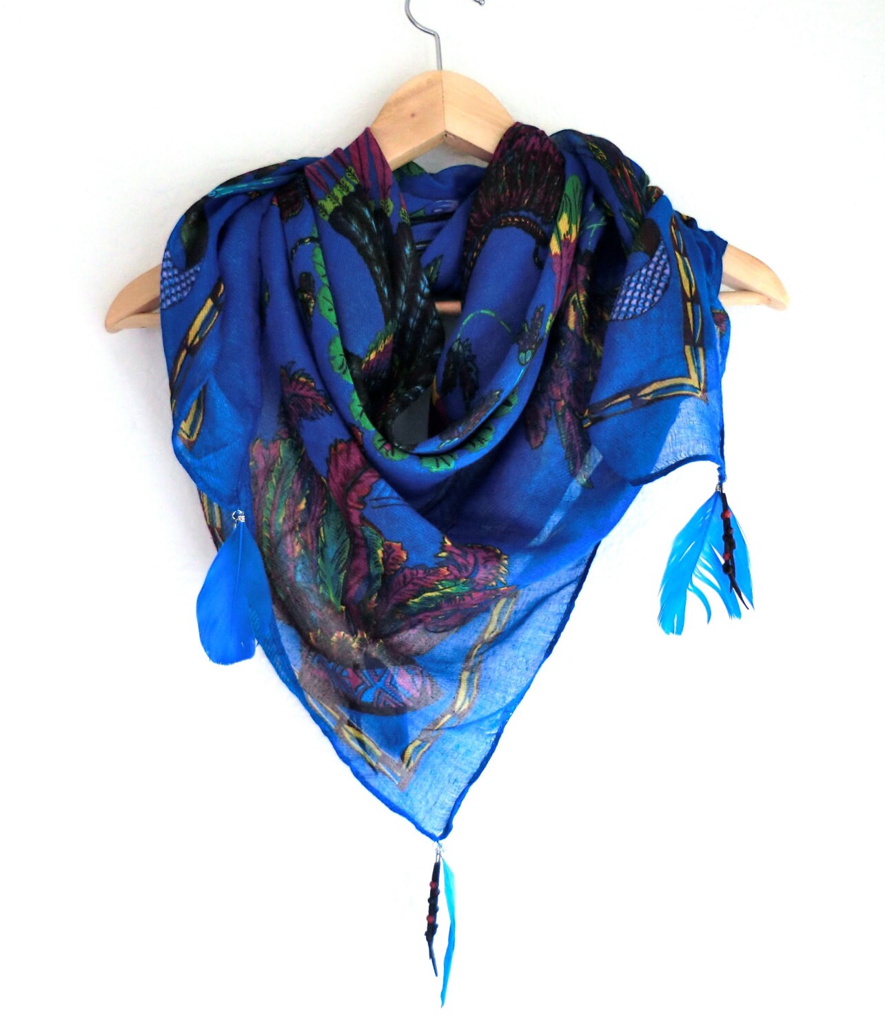 Scarf With Feather and Beads Blue Square Scarf and Leather | Etsy