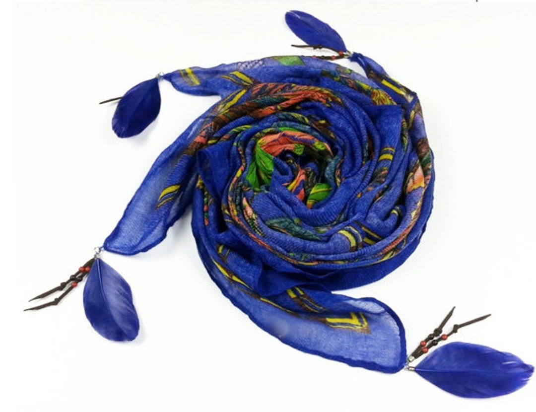 Scarf With Feather and Beads Blue Square Scarf and Leather - Etsy