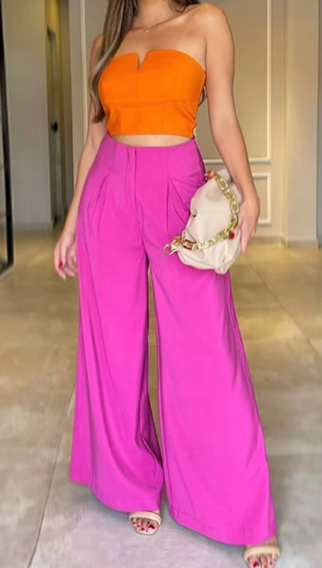2 Piece Set/ Crop Top & Wide Long Leg Pants Set/ Trendy Loose Set/ Pink ...