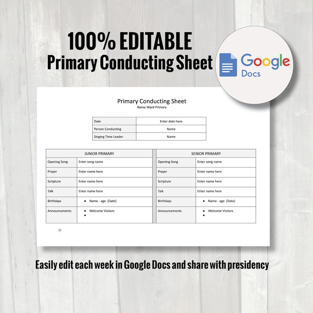 LDS Primary Conducting Sheet Template | Google Docs Primary Conducting ...