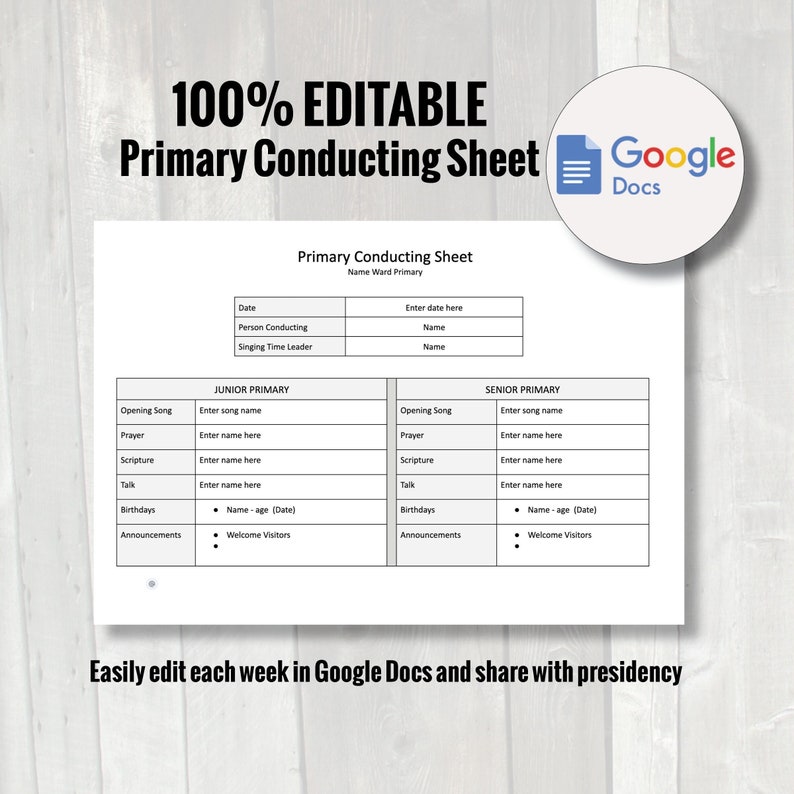 LDS Primary Conducting Sheet Template | Google Docs Primary Conducting ...