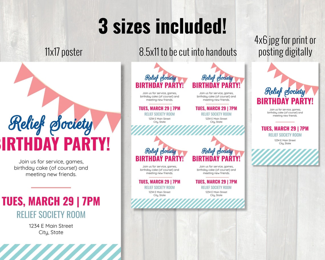 Relief Society Birthday Party Invitations Editable Ward - Etsy