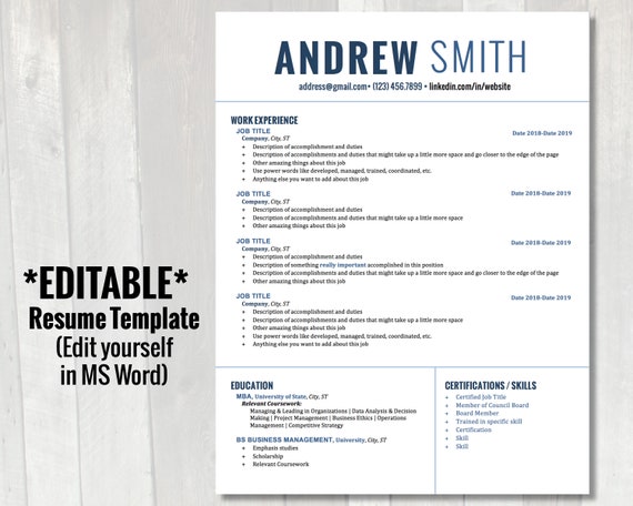 Editable Resume Template Customizable Resume Instant - Etsy