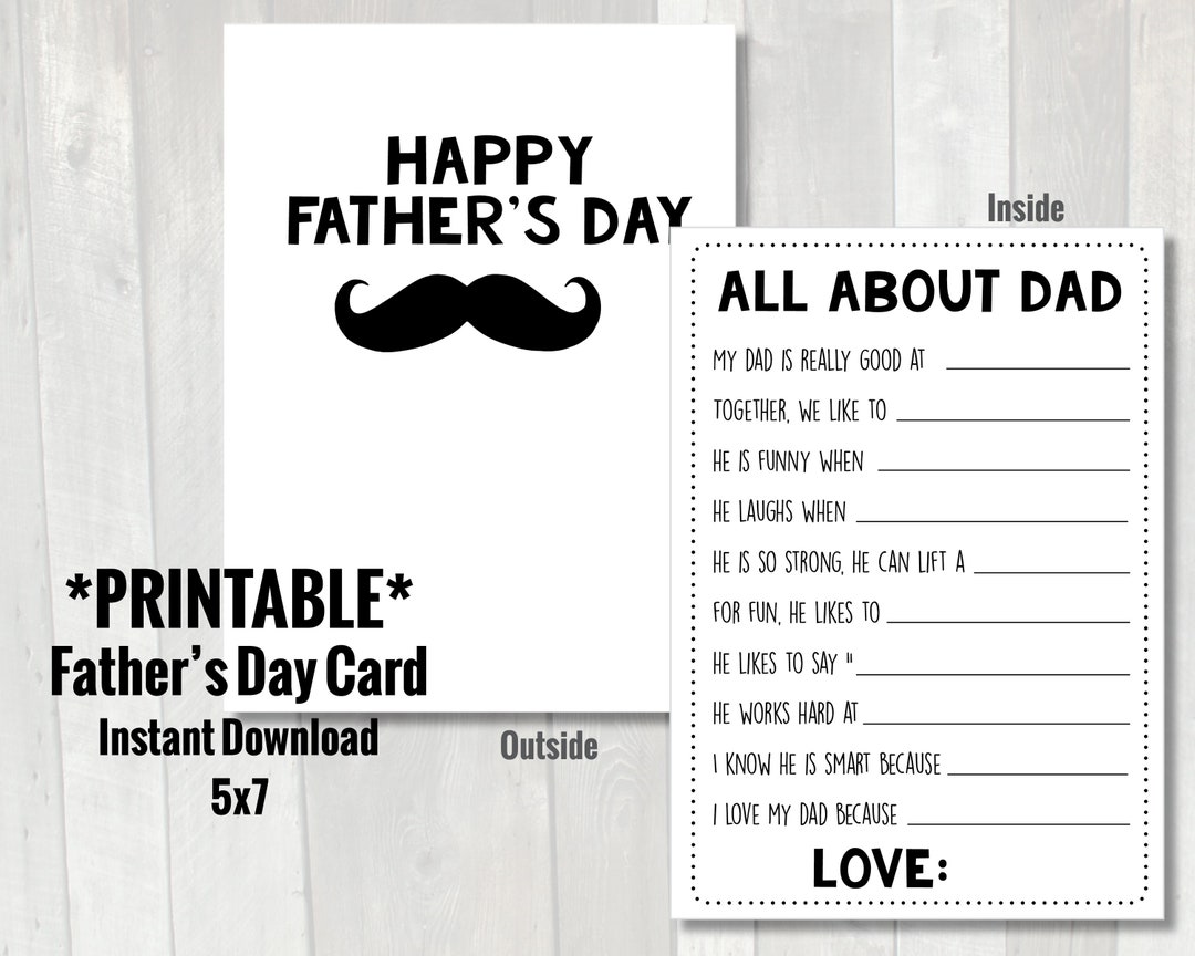 Father's Day Card - All About Dad | Printable Instant Download | Father ...