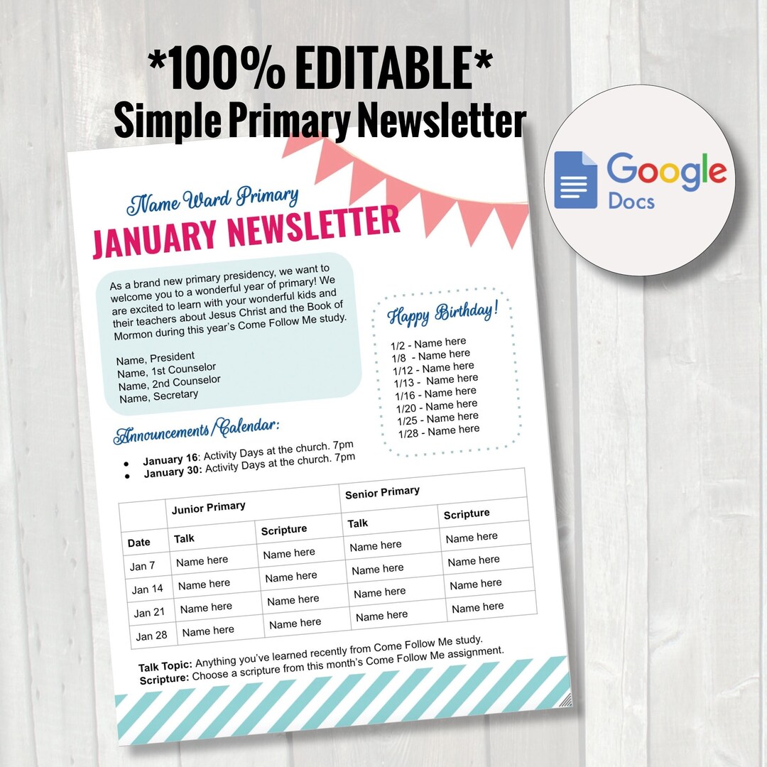 LDS Primary Newsletter Template | Google Doc Primary Newsletter Instant ...