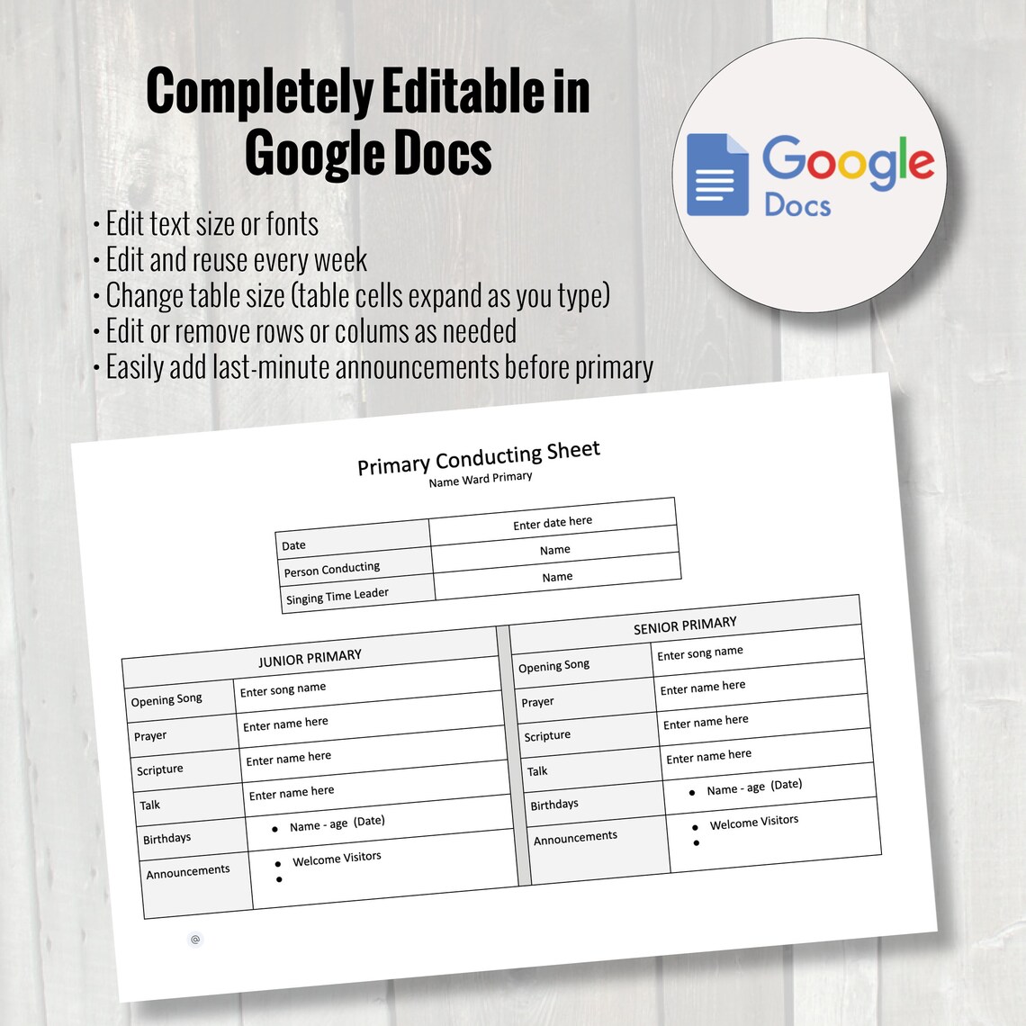 LDS Primary Conducting Sheet Template | Google Docs Primary Conducting ...