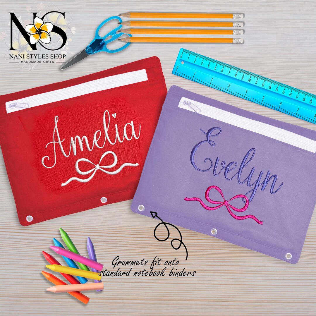Personalized Pencil Pouch: Embroidered Name and Bow for Kids - Etsy