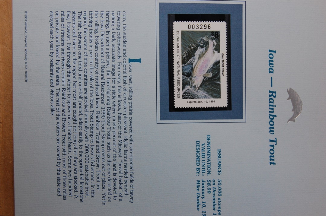 Iowa-rainbow Trout Trout ----fishing License Stamp--1991 - Low Number ...