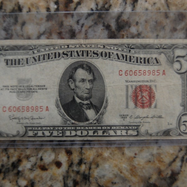 1953 Vintage Red Seal Five Dollar Star Note Etsy