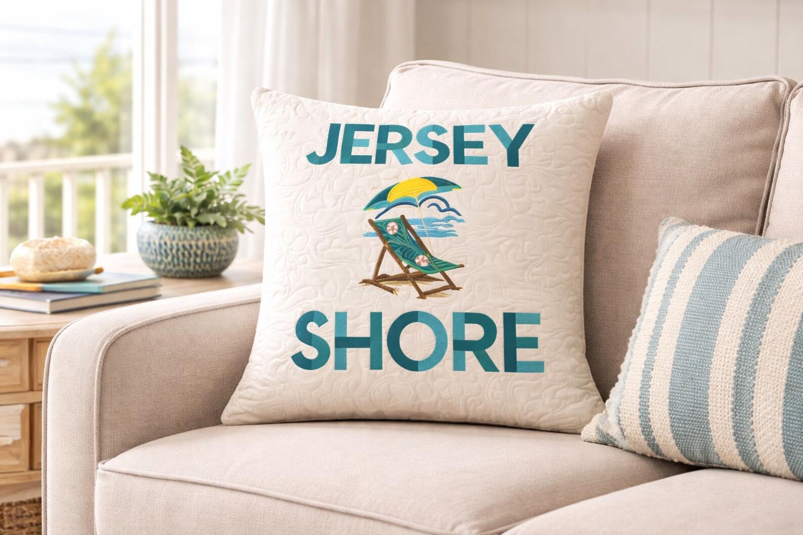 Embroidered Jersey Shore Throw Pillow | Coastal Beach House - Etsy