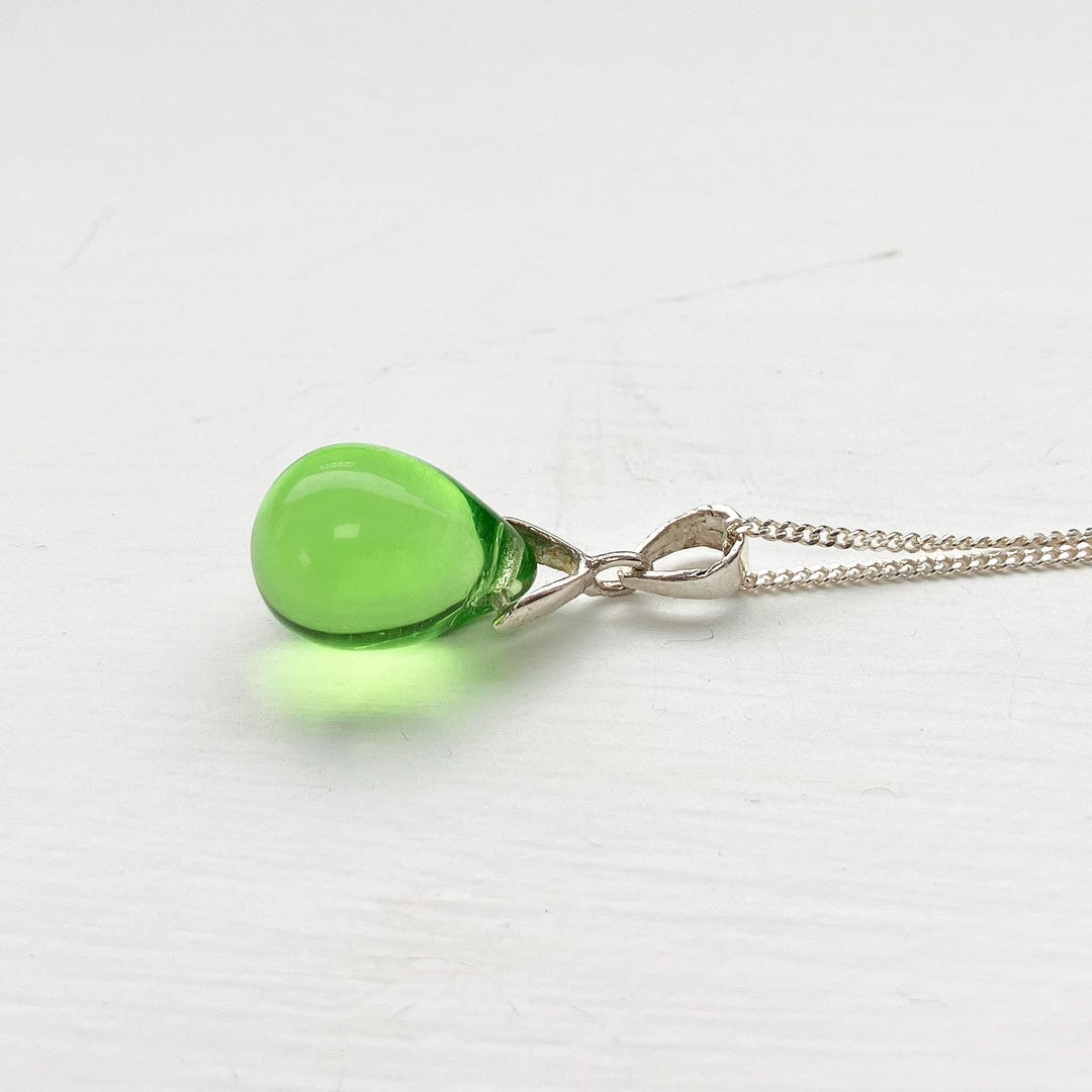 Green Glass Teardrop Necklace, Sterling Silver, Light Green Pendant ...