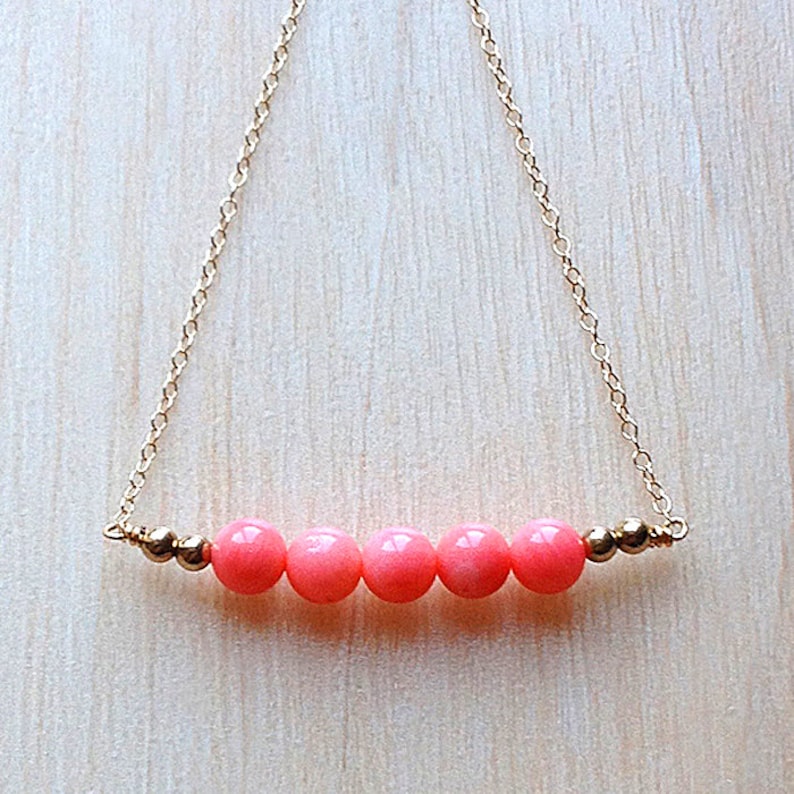 Delicate Pink Coral Necklace, Natural Coral Bar Necklace, Tiny Gemstone ...