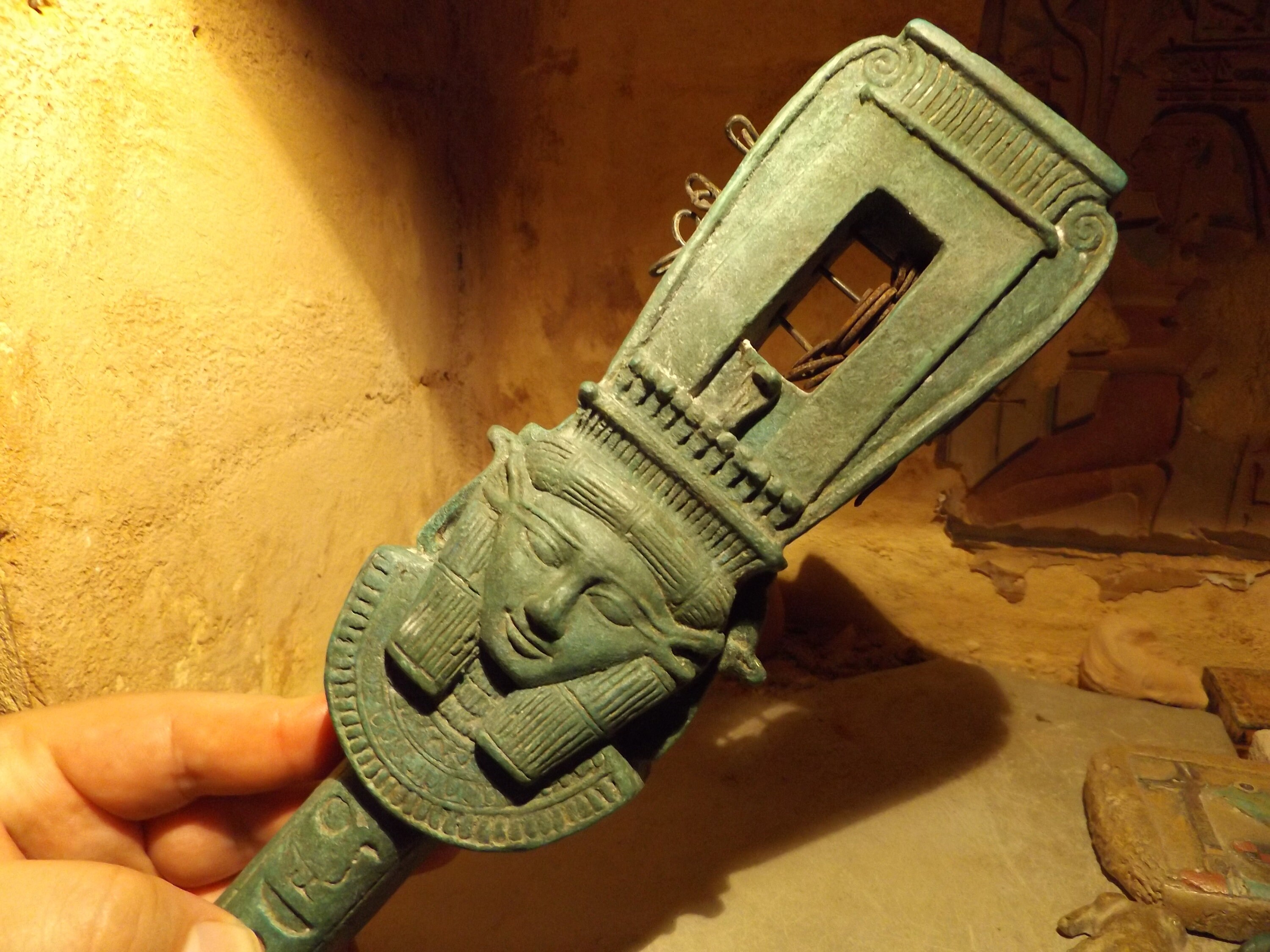 Egyptian temple rattle of Hathor the goddess of love, motherhood and music