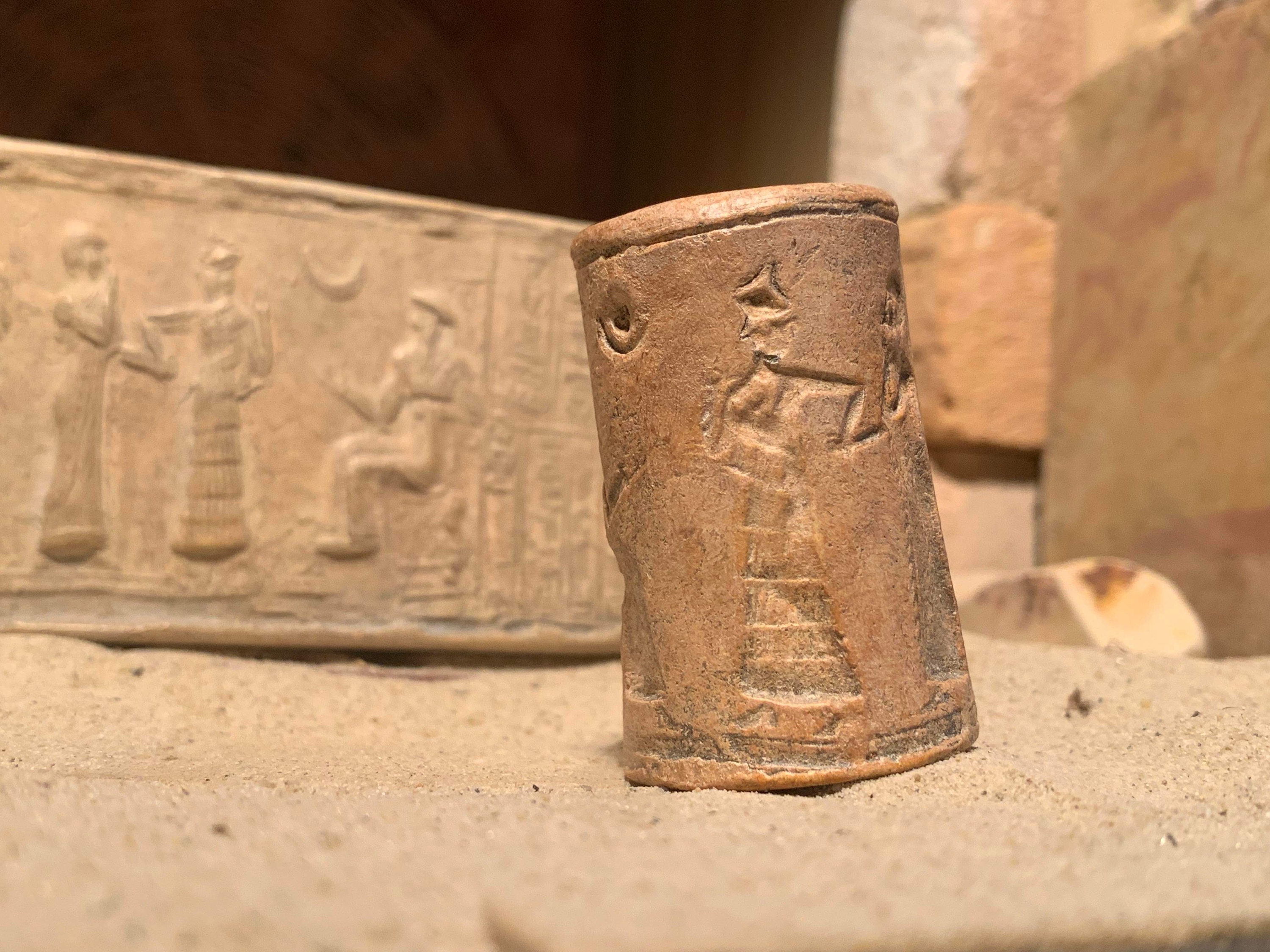 Sumerian cylinder seal of Ur Nammu. Museum replica tablet set ...