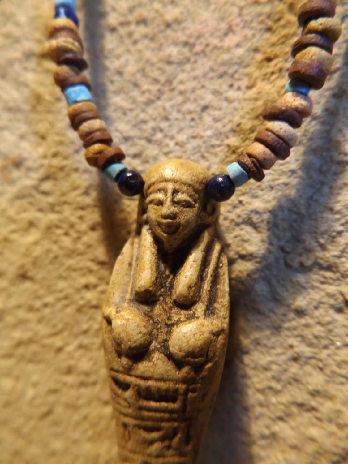 Egyptian art - Ushabti / Shabti statue necklace with clay & faience beads