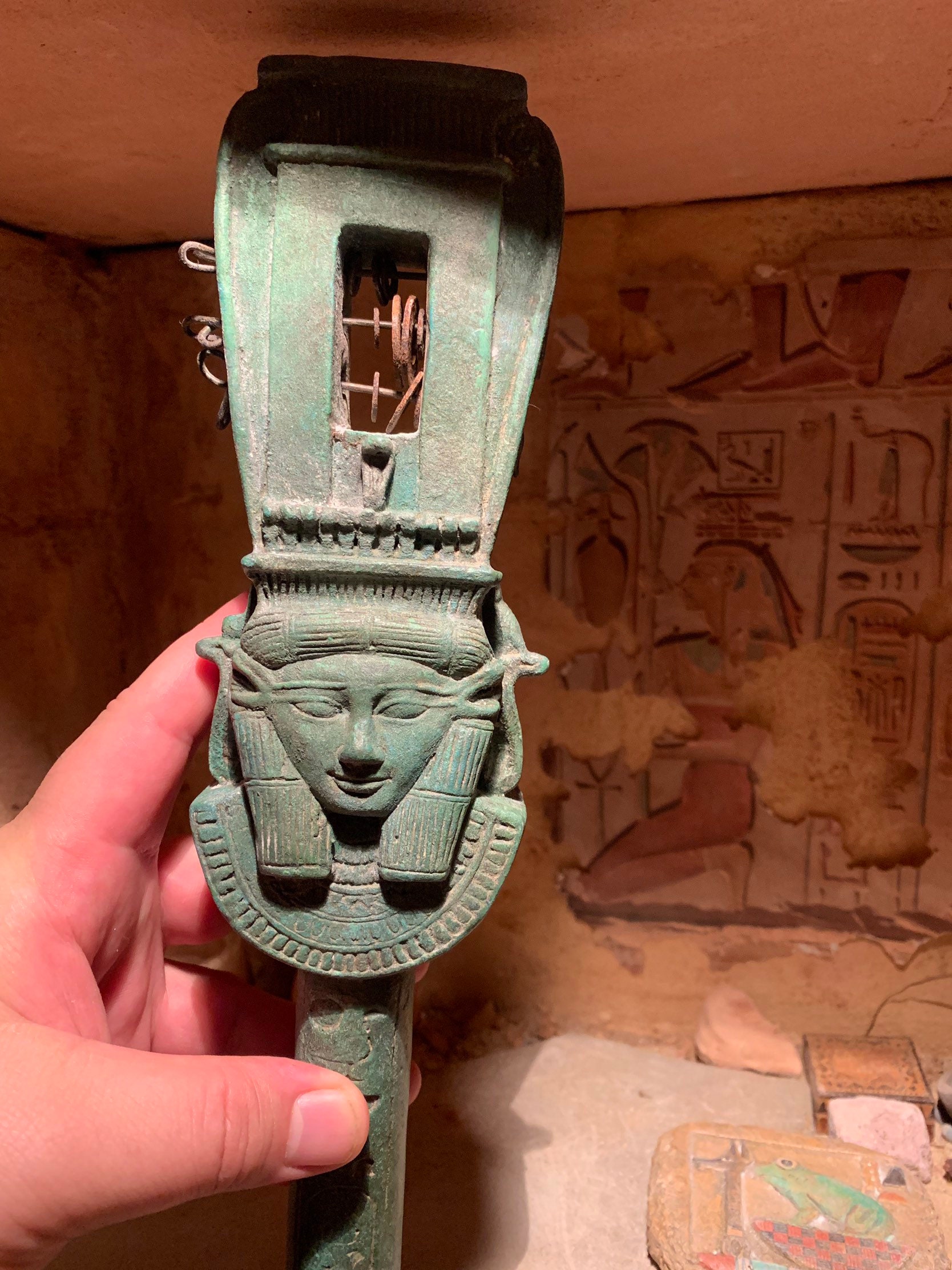 Egyptian temple rattle of Hathor the goddess of love, motherhood and music