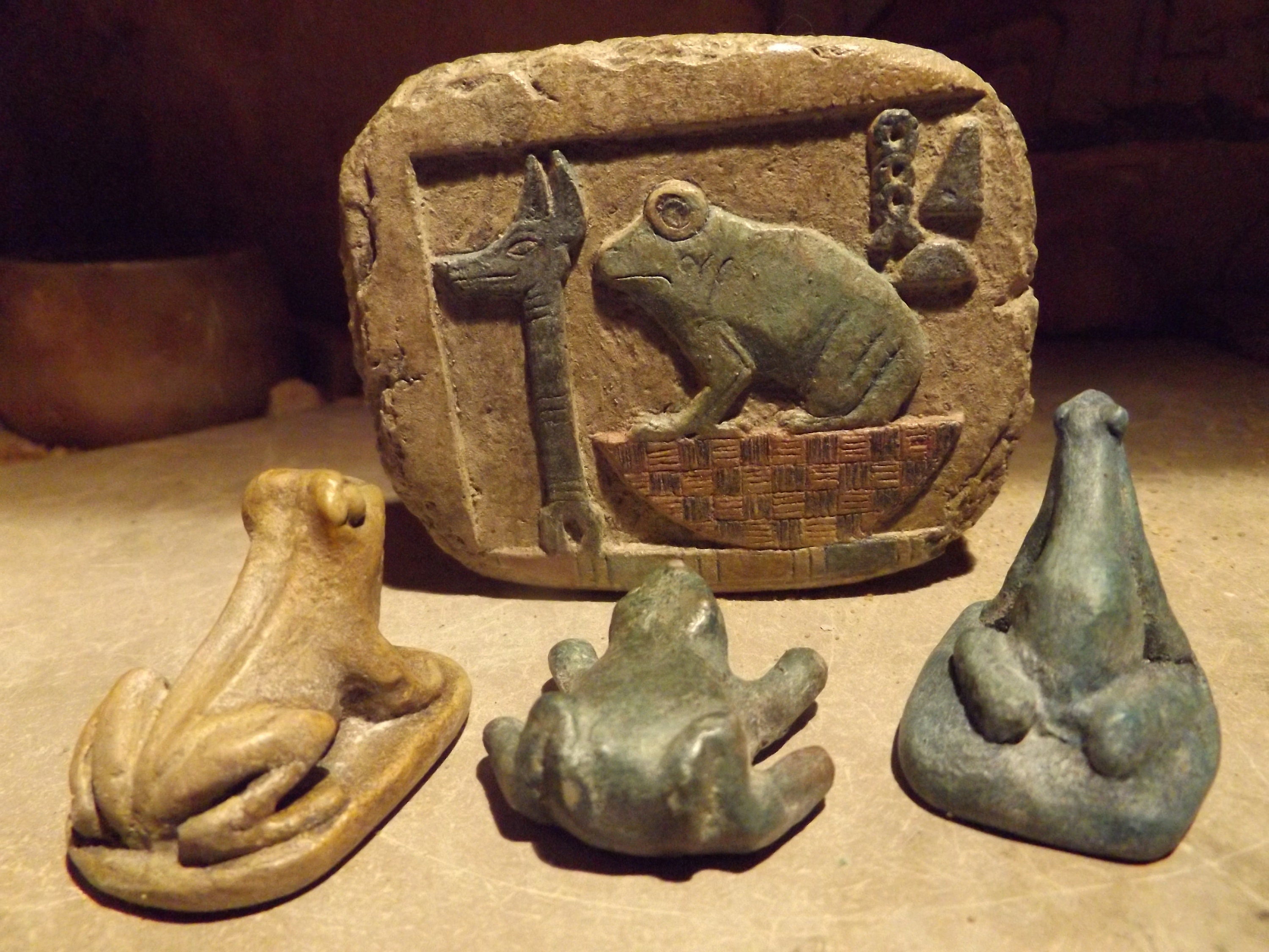 Egyptian art - frog amulet sculptures and a relief of Heket - Hecate a ...