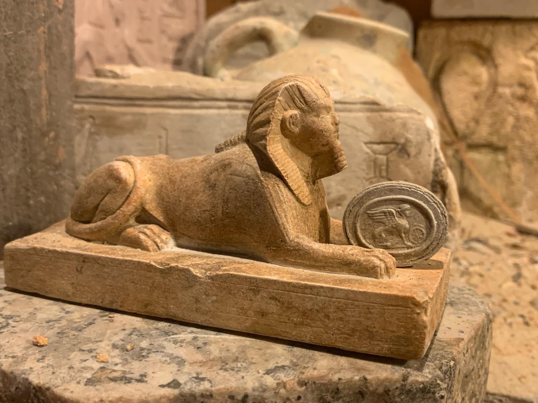 Egyptian Sphinx statue and amulet replica set. Egyptian sculpture and ...