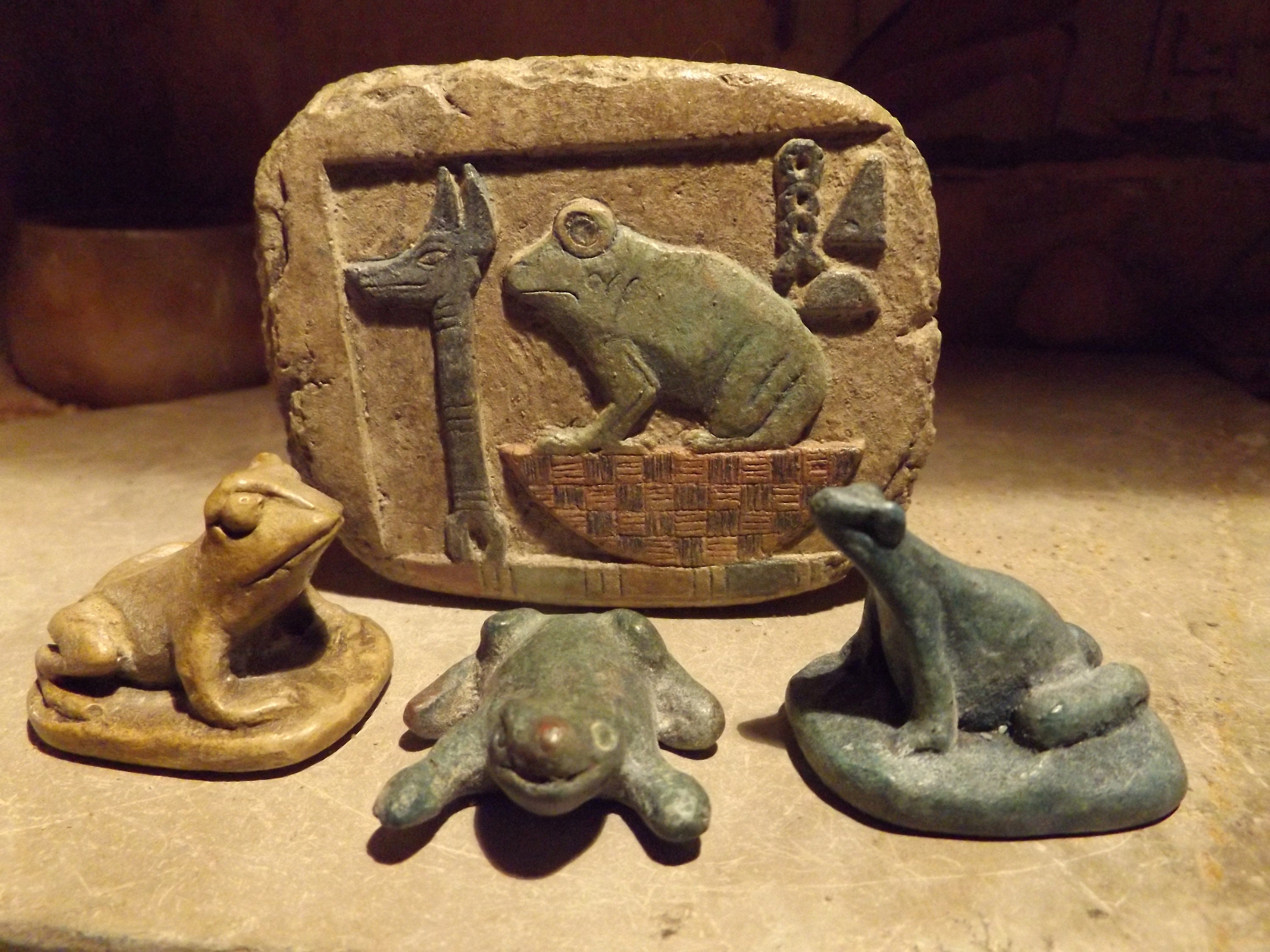Egyptian art - frog amulet sculptures and a relief of Heket - Hecate a ...
