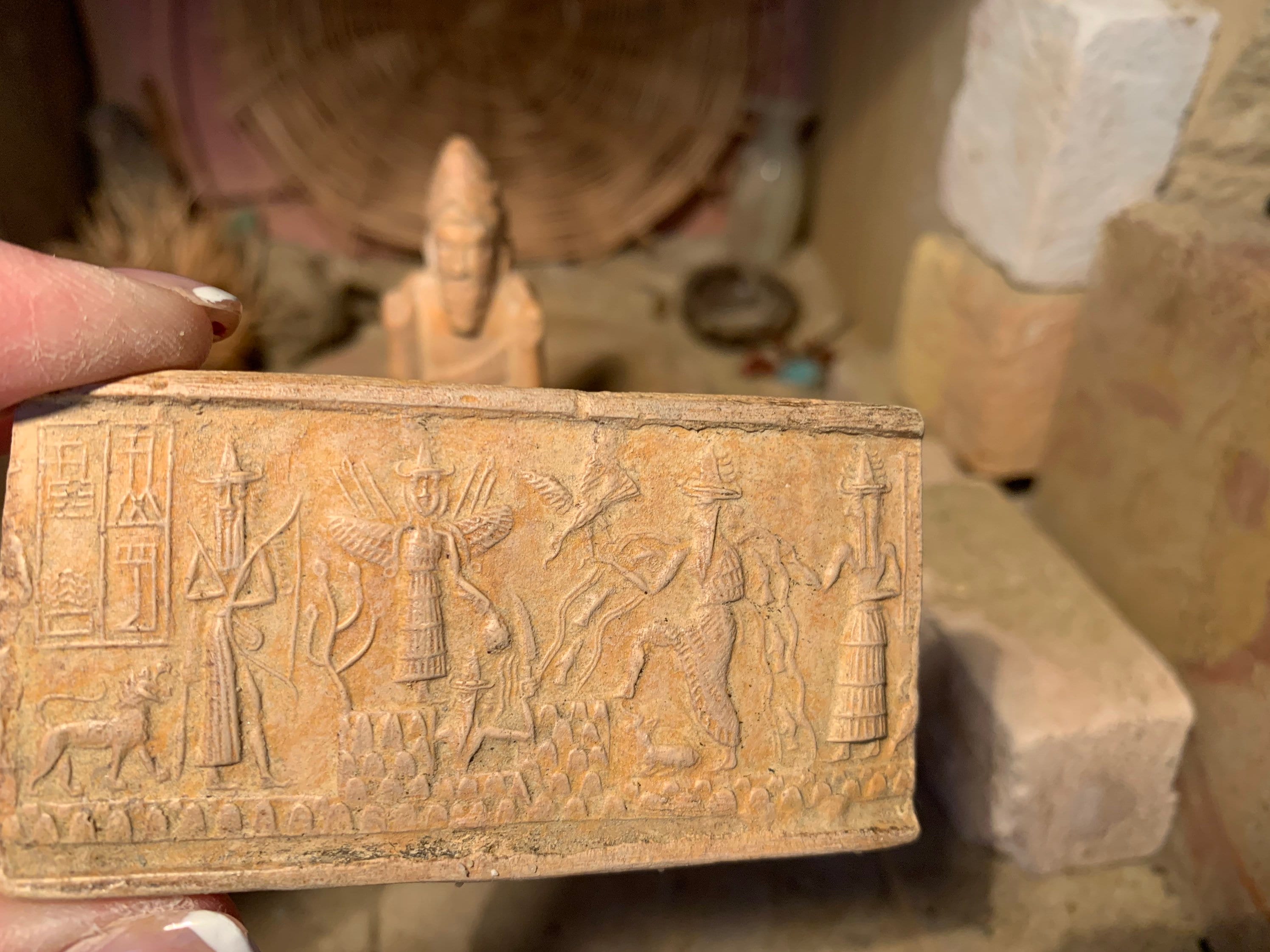 Sumerian statue and seal impression replica. Enki, Ishtar, Shamash ...