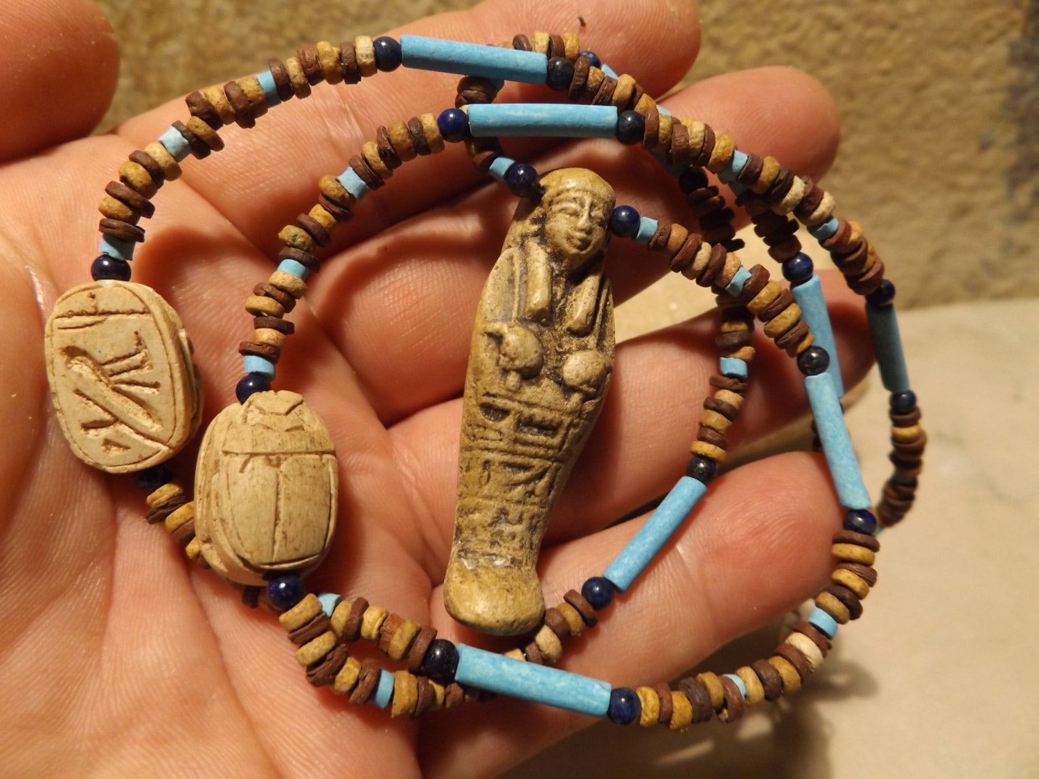 Egyptian art - Ushabti / Shabti statue necklace with clay & faience beads