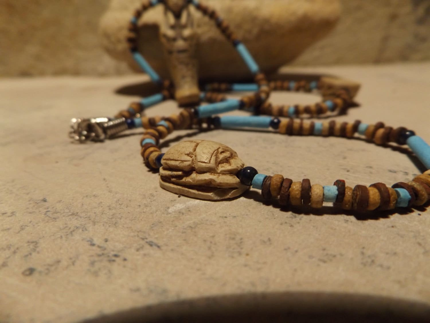 Egyptian art - Ushabti / Shabti statue necklace with clay & faience beads