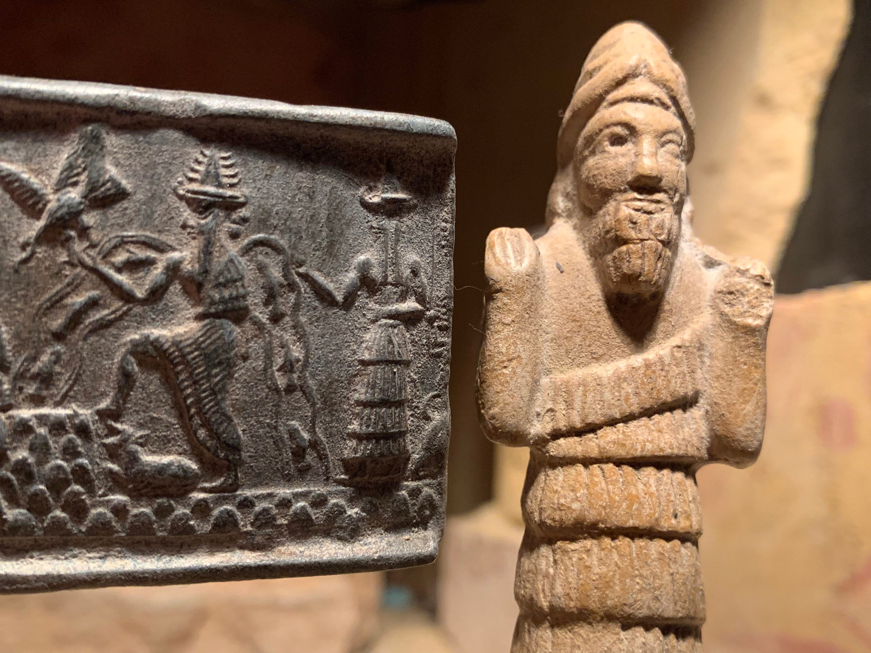 Sumerian statue and seal impression replica. Enki, Ishtar, Shamash ...