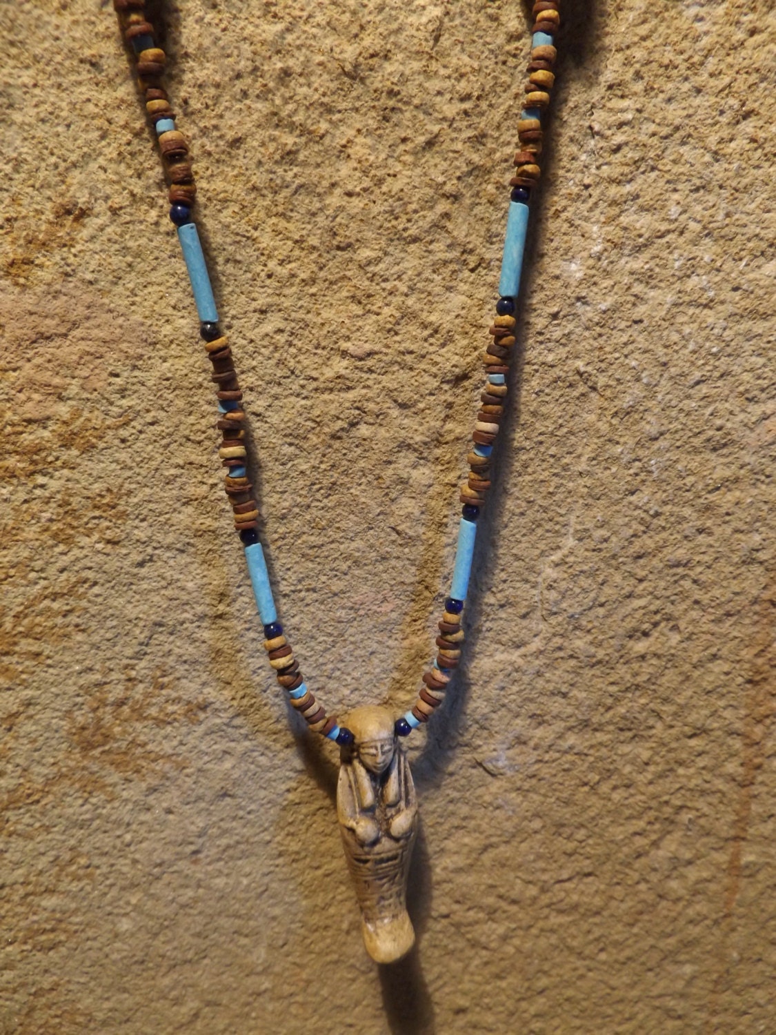 Egyptian art - Ushabti / Shabti statue necklace with clay & faience beads