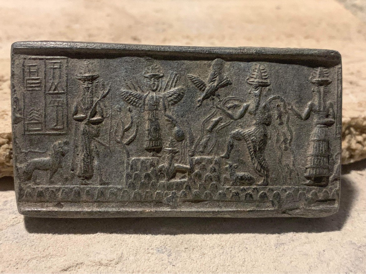 Sumerian statue and seal impression replica. Enki, Ishtar, Shamash ...