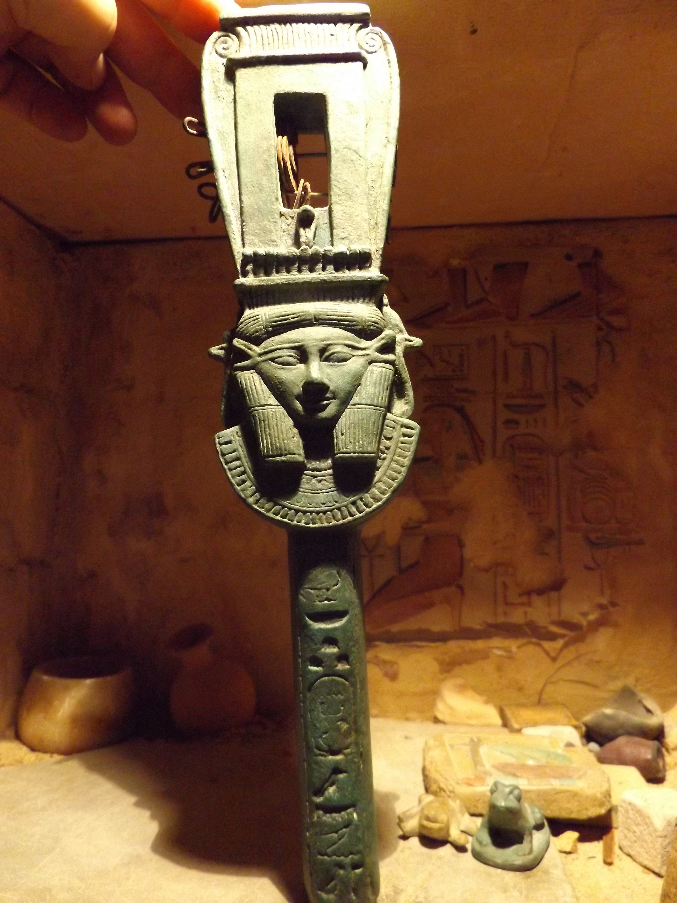 Egyptian temple rattle of Hathor the goddess of love, motherhood and music