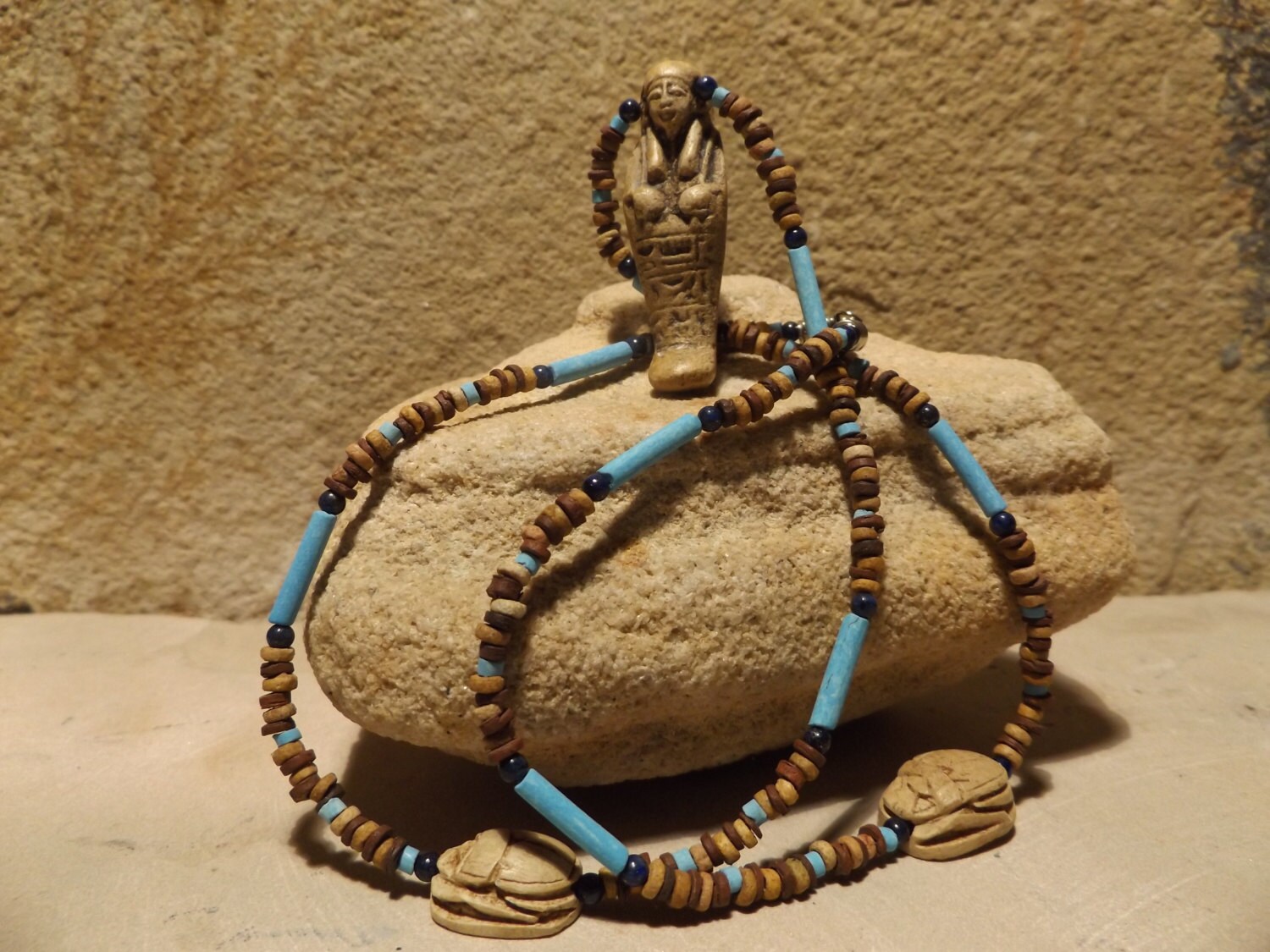 Egyptian art - Ushabti / Shabti statue necklace with clay & faience beads