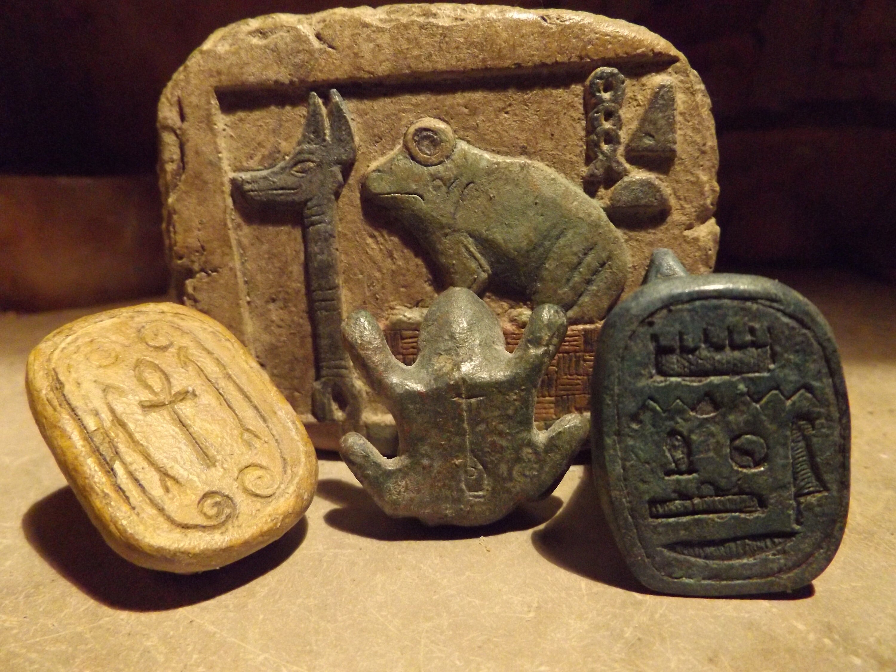 Egyptian art - frog amulet sculptures and a relief of Heket - Hecate a ...