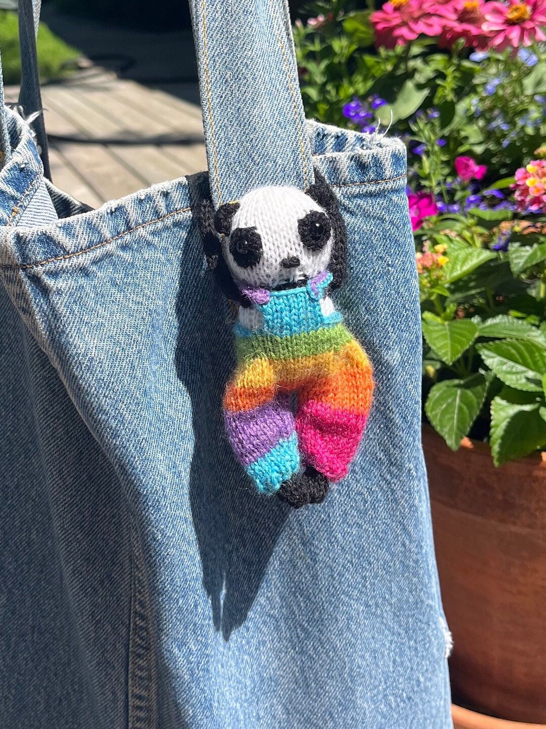 Tiny Knit Panda Friend for Your Bag - Rainbow Stripe Overalls - Tote ...