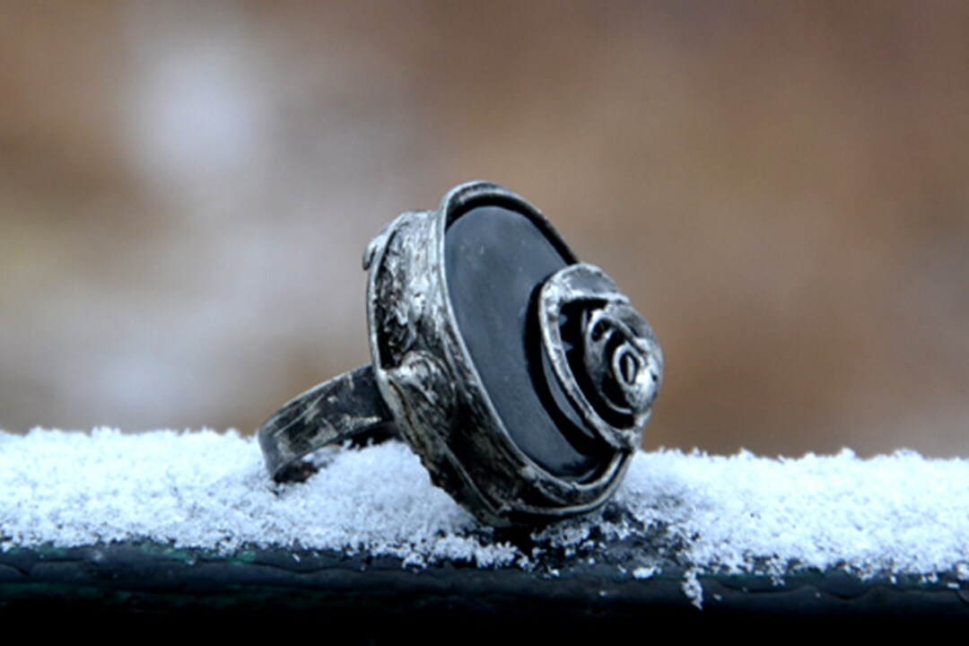 RETRO BLACK Ring, Ring With Fused Glass, Statement, Adjustable Ring ...