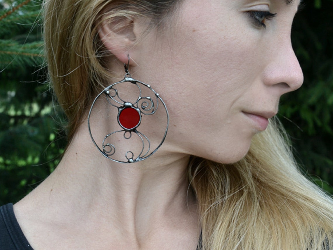 Burgundy Drops Decorative Gypsy Earings Large Hoop Earings Dark Silver ...