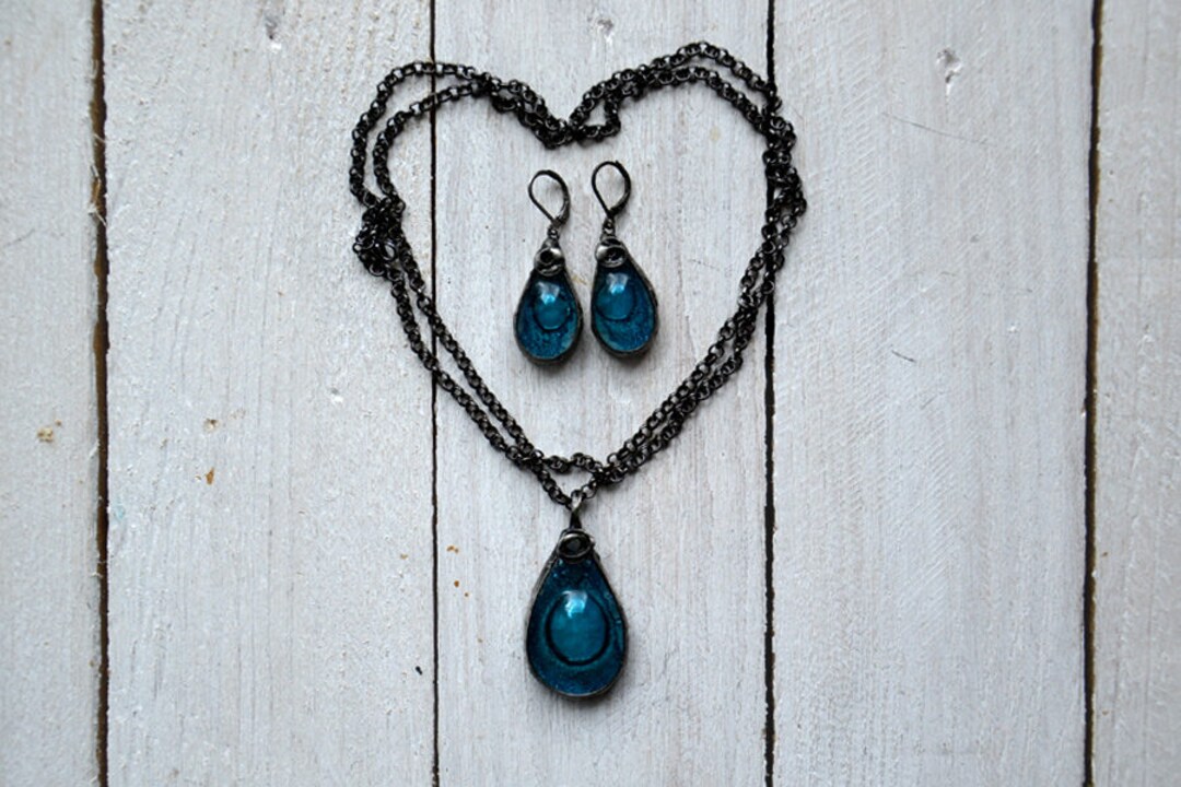 TURQUISE SET of Bohemian Jewelry, Drop Blue Glass Statement Jewelry ...