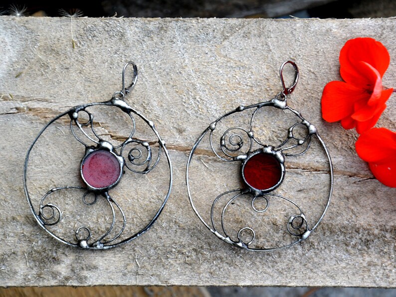 Burgundy Drops Decorative Gypsy Earings Large Hoop Earings Dark Silver ...