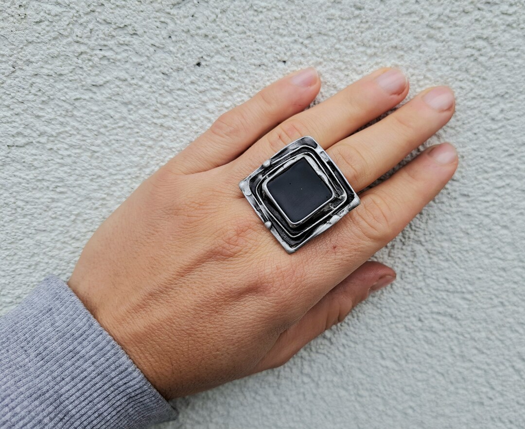 BLACK SQUARE, Statement Ring, Rustic Big Ring, Simple Black Ring ...