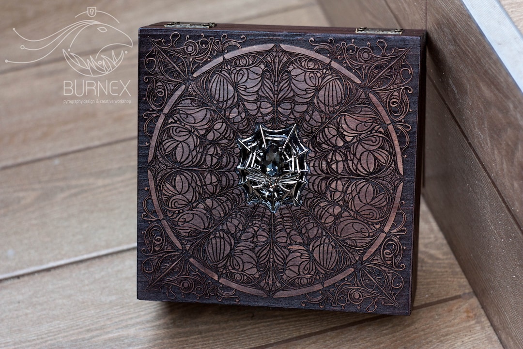 Wooden Gothic Spider Box: Pyrography Tarot Keepsake Vintage Jewelry Box ...