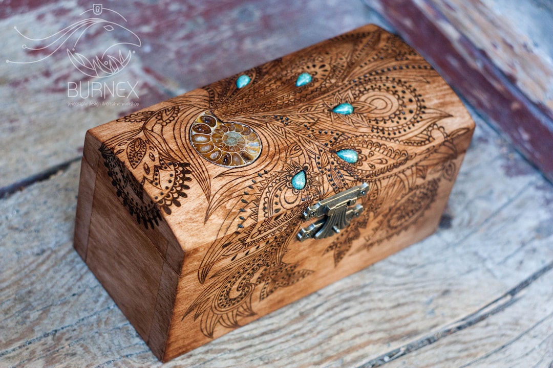 Pyrography Wooden Jewelry Box: Custom Keepsake With Ammonite - Etsy