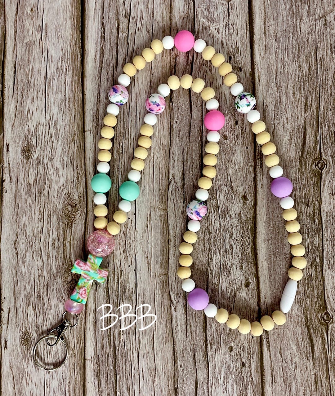 Floral Cross Beaded Lanyard – 19-20” | Stretchy Christian Badge Holder ...