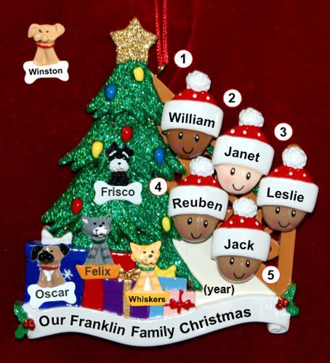 Personalized Mixed Race Biracial Family Ornament of 5 With 4 Dogs, Cats ...