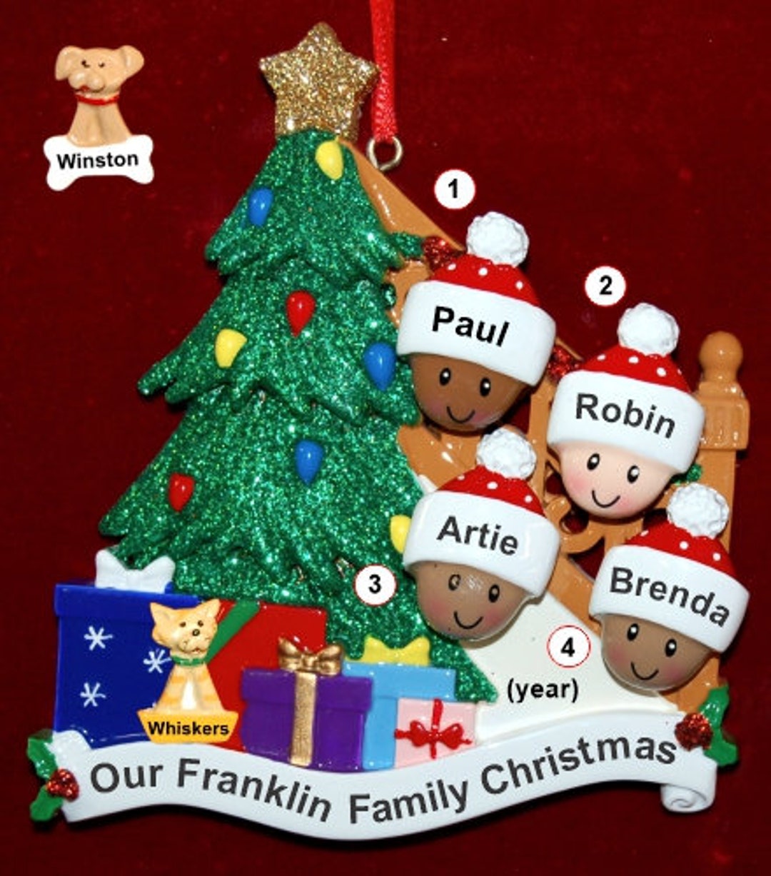 Personalized Mixed Race Biracial Family Ornament of 4 With 1 Dog, Cat ...