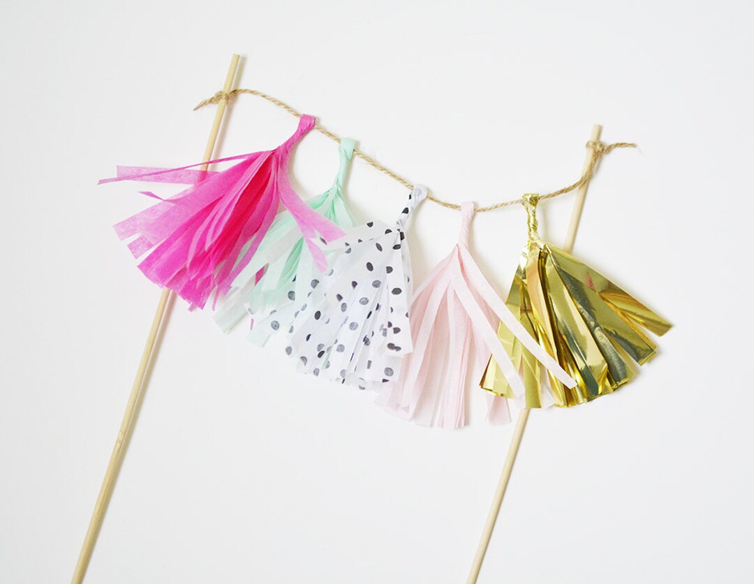 Pink Mint Gold Tassel Cake Topper, Bohemian Birthday Decor, Pink Gold ...