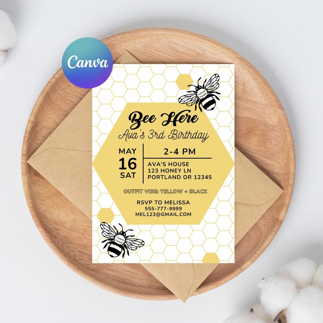 Bee Here Birthday Party Invitation - Editable Digital Canva Template ...