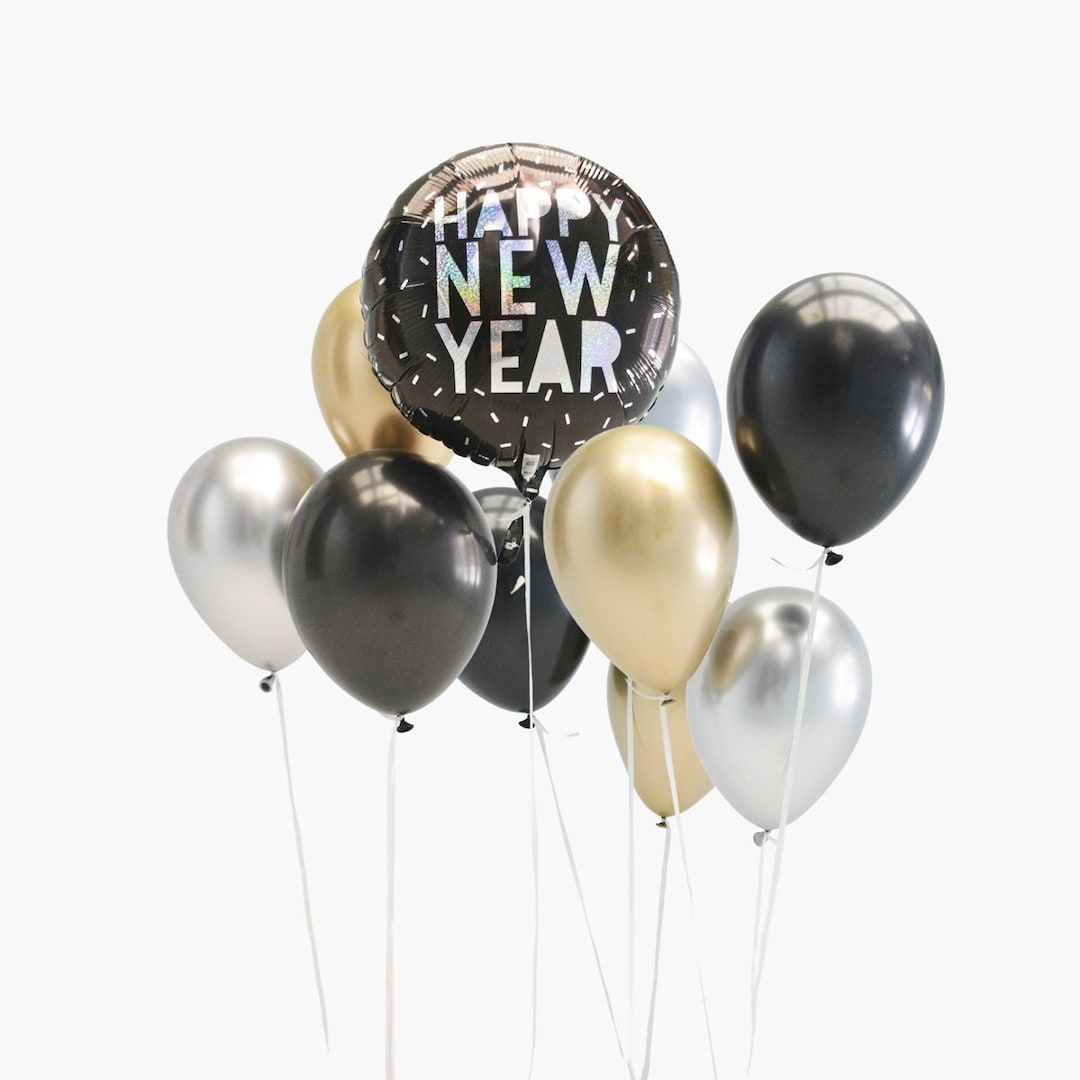 Happy New Year Balloon Bouquet, Black and Gold New Year Party ...